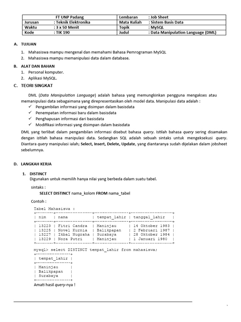Panduan DML MySQL untuk Mahasiswa | PDF