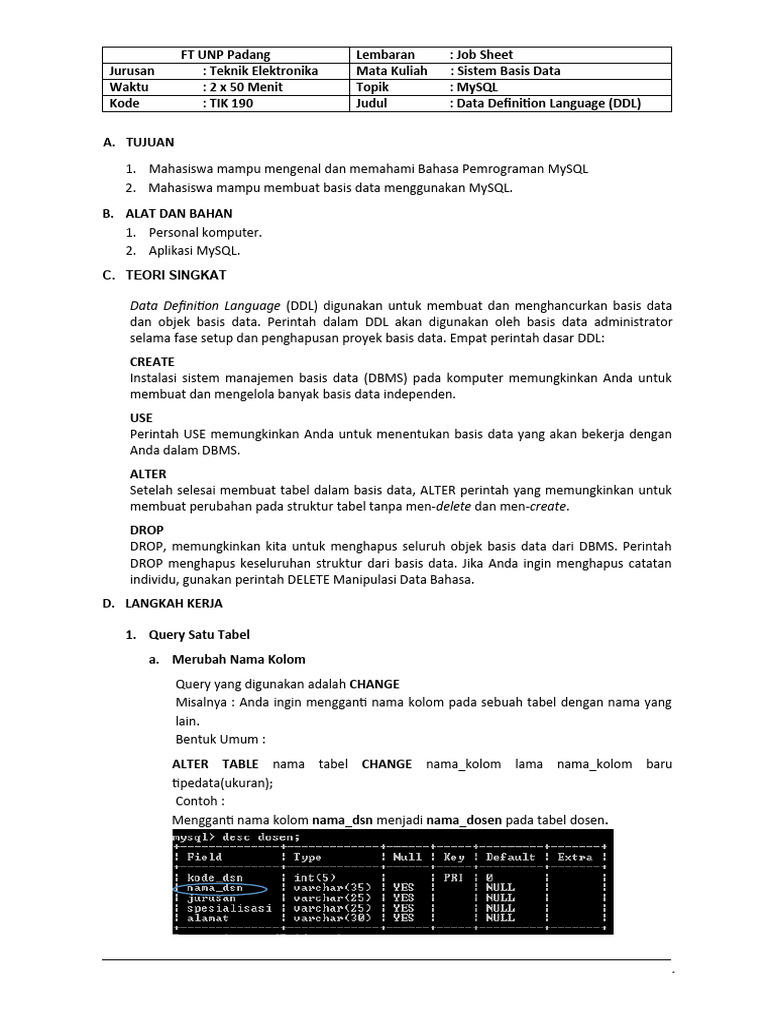 01. Jobsheet - MySQL DDL | PDF