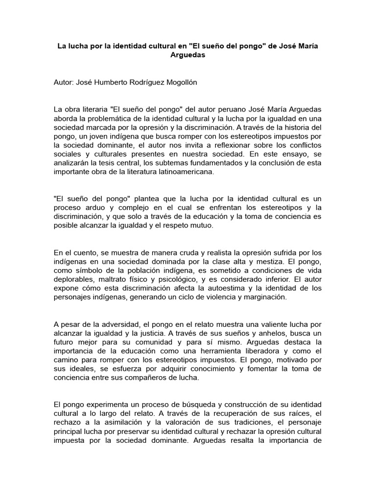 Ensayo Sobre El Sueño Del Pongo | PDF | Estereotipos | Sociedad