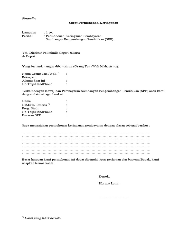 Surat Permohonan Dan Pernyataan Keringanan SPP PNJ Tahun 2021 | PDF