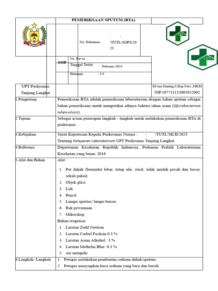 Sop Pemeriksaan Sputum (Bta) | PDF
