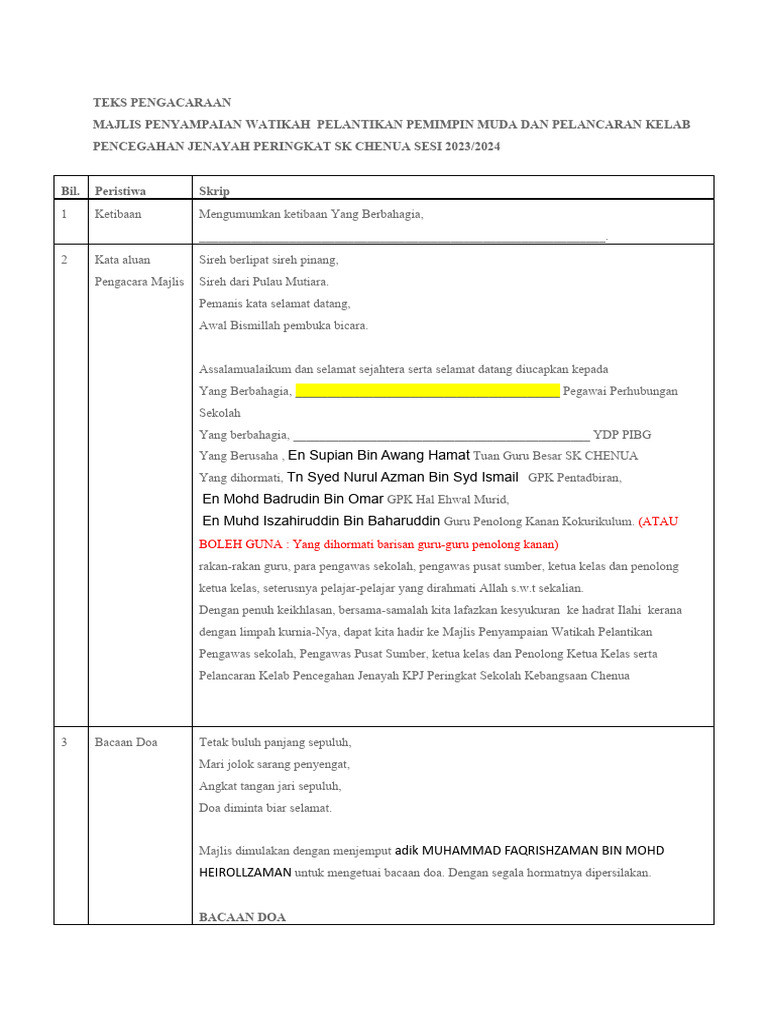 Teks Pengacara Majlis Penyerahan Watikah Pelantikan Pemimpin Muda Dan KPJ | PDF