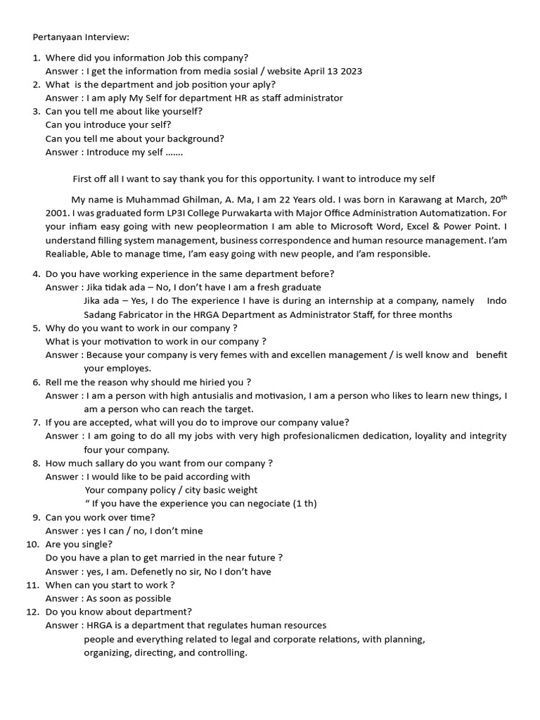 Pertanyaan Interview | PDF | Organizational Behavior