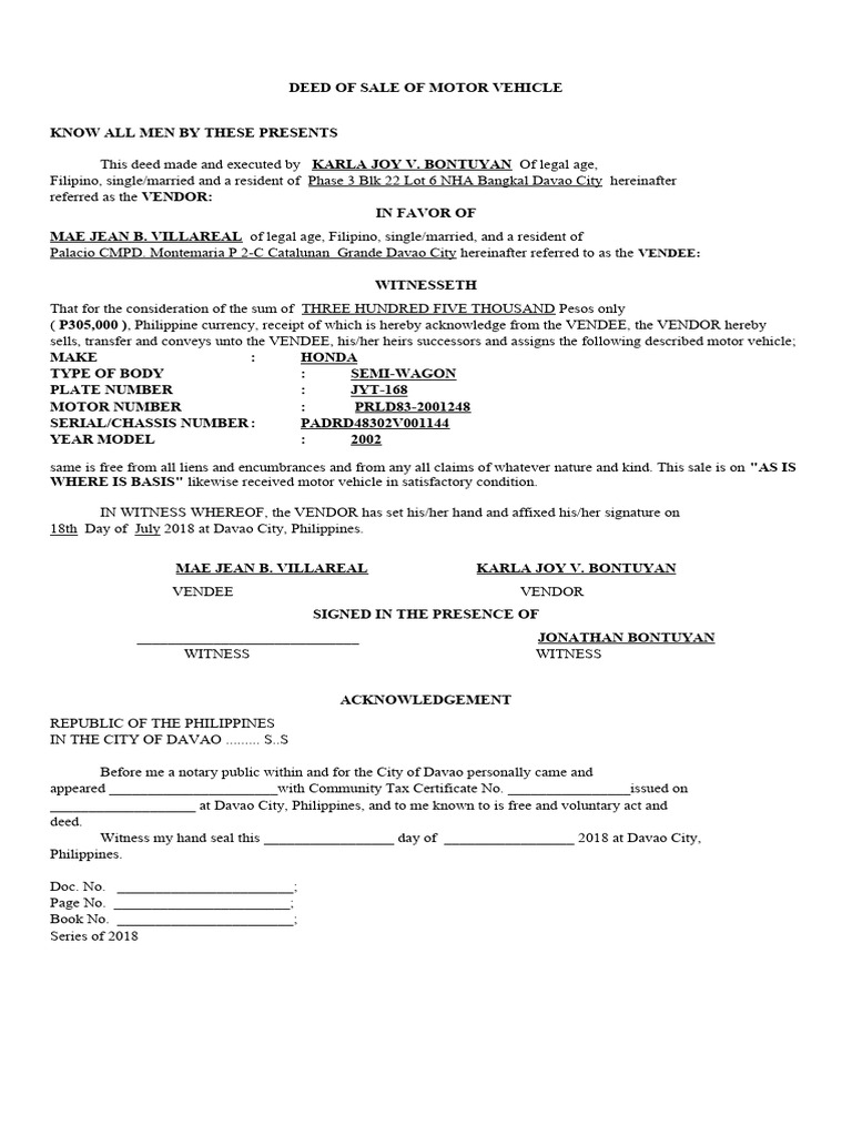 DEED OF SALE OF MOTOR VEHICLE Series Of 2018 PDF Natural Resources