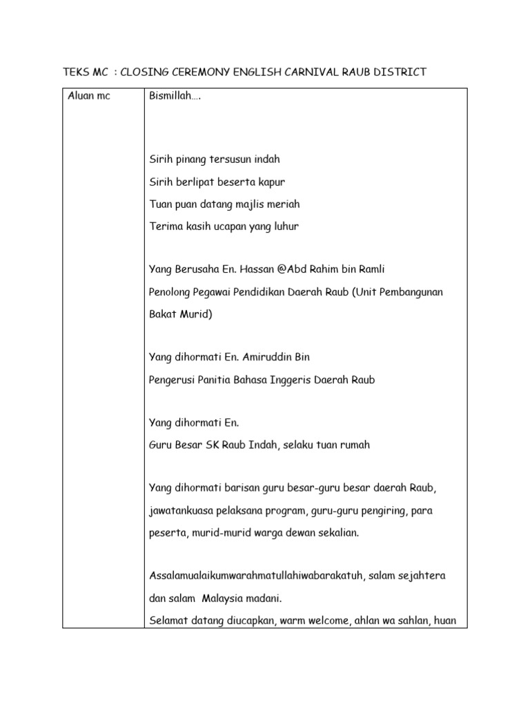 Teks MC Closing Ceremony English Carnival District Level | PDF