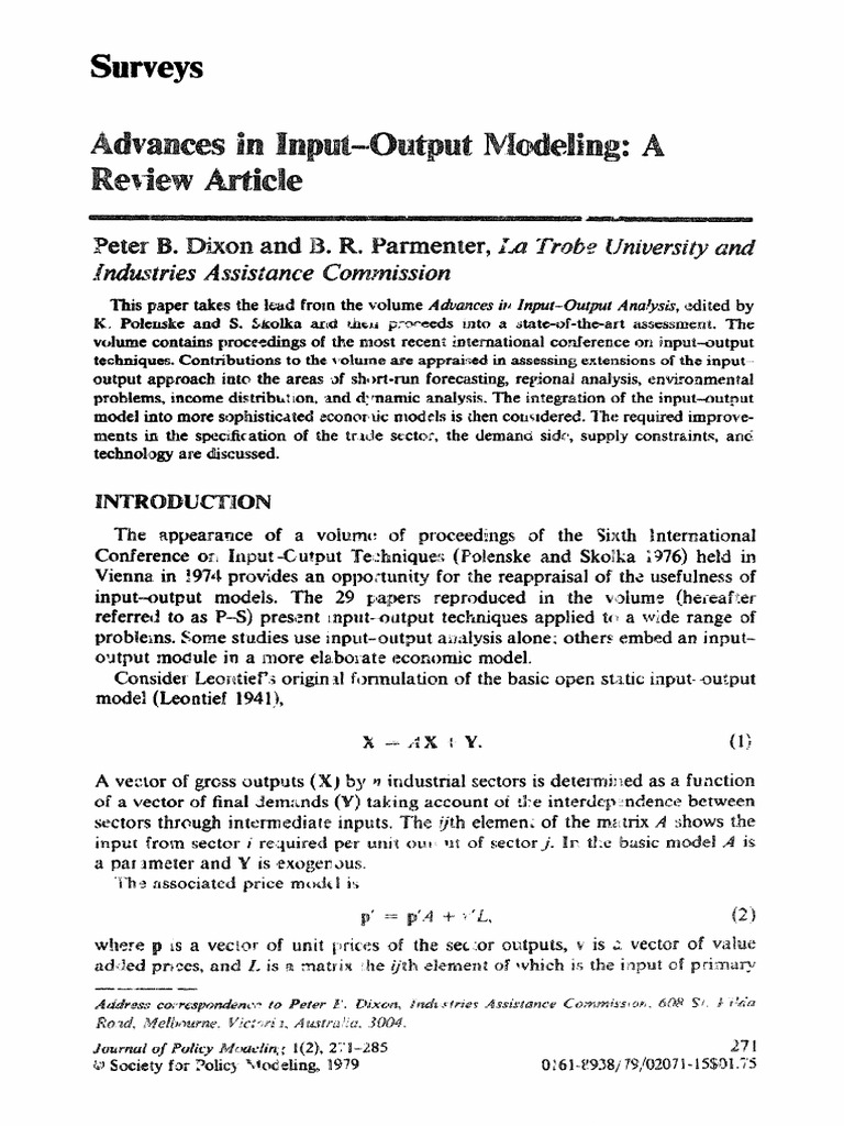 Advances In Input Output Modeling A Revi Pdf Input Output Model Economics