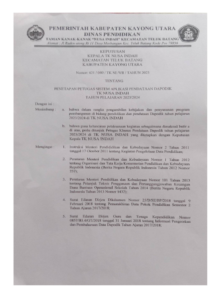 SK Operator TK. Nusa Indah | PDF