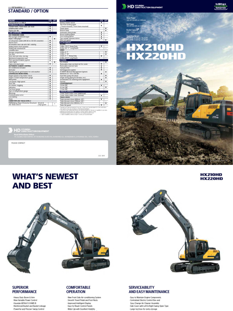 Hyundai HX210HD/220HD Excavators Specs | PDF | Horsepower | Engines