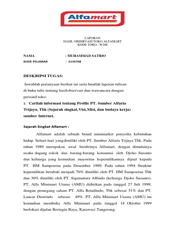 TUGAS LAPORAN OBSERVASI TOKO ALFAMART MUHAMMAD SATRIO | PDF