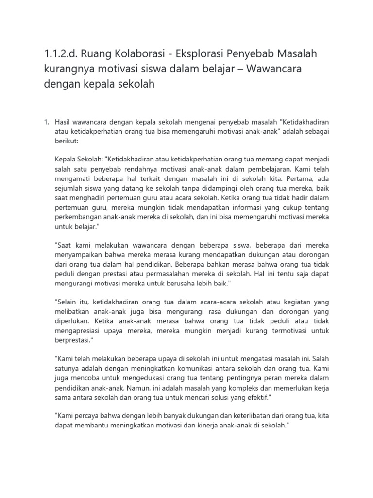 1.1.2.d. Ruang Kolaborasi - Eksplorasi Penyebab Masalah Kurangnya Motivasi Siswa Dalam Belajar ...