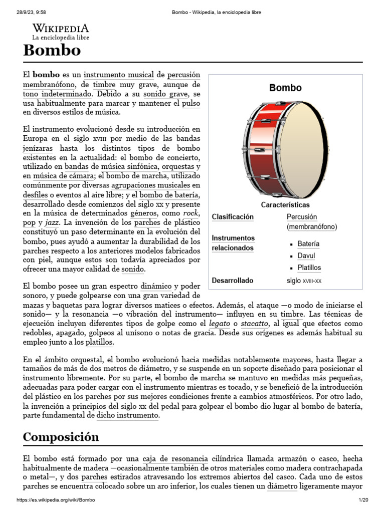 Bombo - Wikipedia, La Enciclopedia Libre | PDF | Kit de batería | Composiciones Musicales
