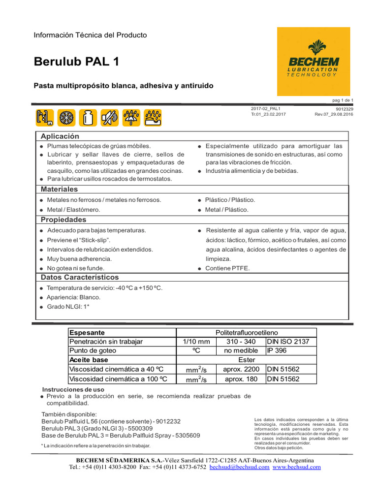 PDS Bechem Berulub PAL 1 (Es) | PDF | Compuestos químicos | Química