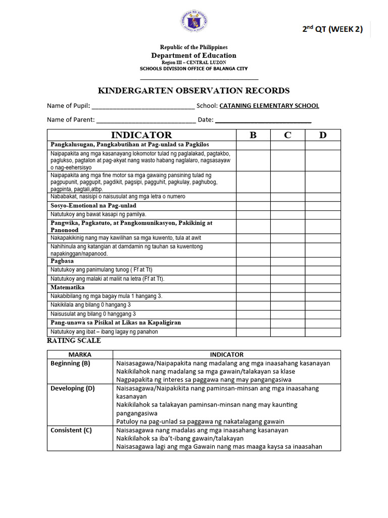 2nd QT Week 2 KInder Observation Records | PDF