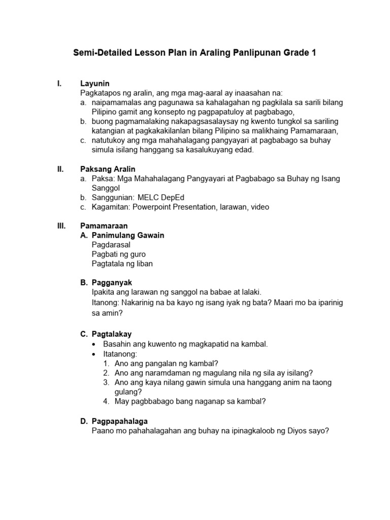 Semi-Detailed Lesson Plan in Araling Panlipunan Grade 1: I. Layunin | PDF