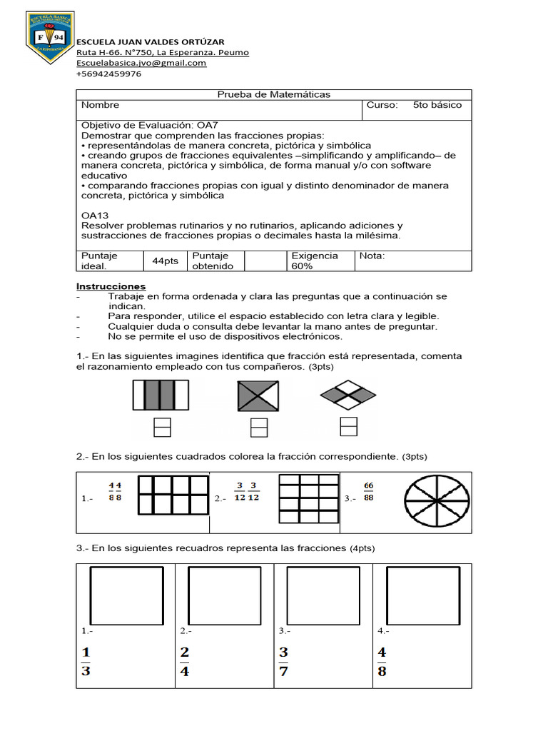 Prueba de Fracciones para 5to Básico | PDF | Matemáticas