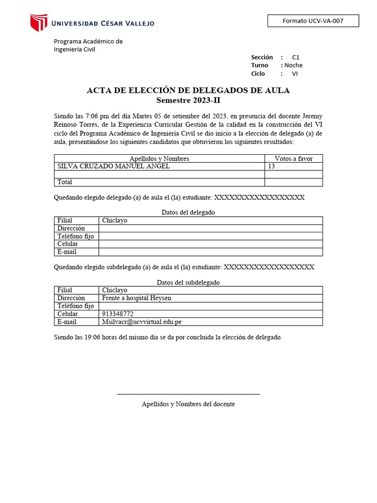 FORMATO - ACTA ELECCIÓN DE DELEGADO - Formato UCV-VA-007-711 | PDF