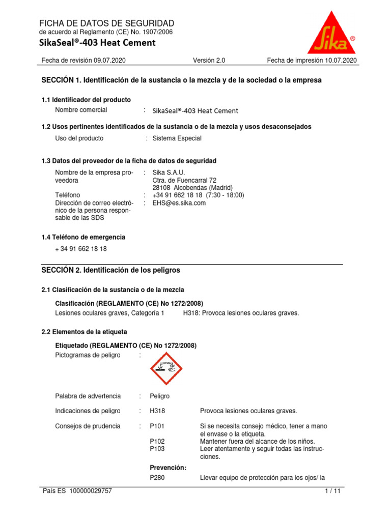 25 MSDS Masilla Ignifuga Sikaseal Heat Cement | PDF | Residuos | Química