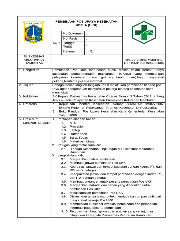 Sop Pembinaan Pos Upaya Kesehatan Kerja (Ukk) Fix | PDF