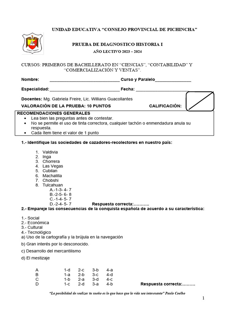 Prueba Diagnóstica Historia I 2023-2024 | PDF | Ecuador | Comunidad andina