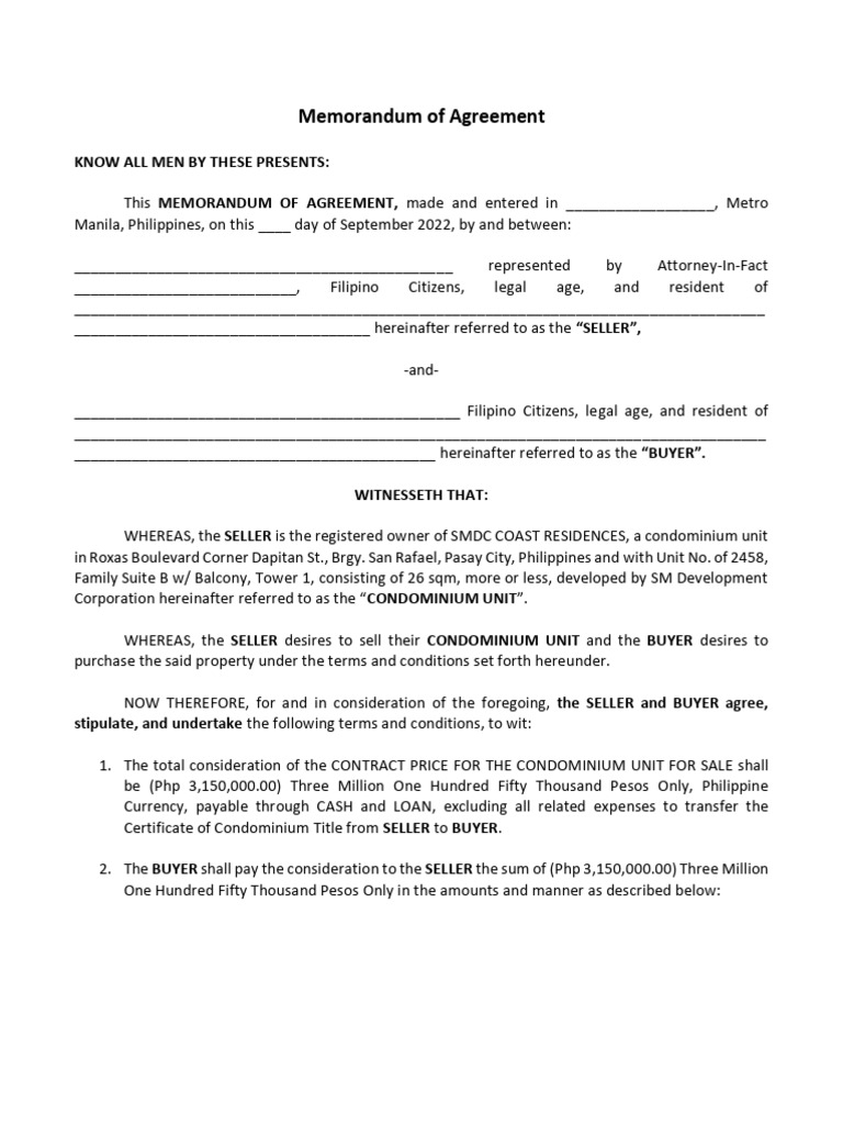 Memorandum of Agreement V3 Revised | PDF | Condominium | Sales