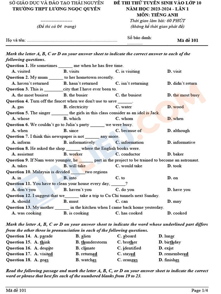 202304241029256445f79556c20 - de Thi Thu Tieng Anh Vao 10 Nam 2023 2024 Truong THPT Luong Ngoc ...