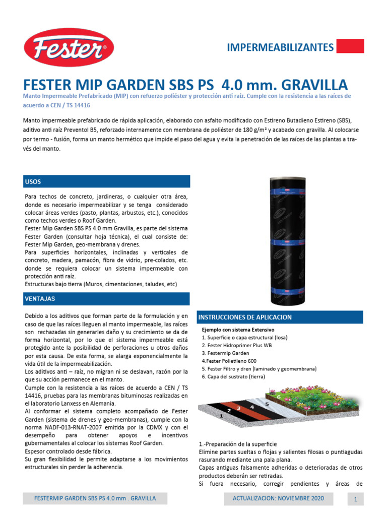 Fester MIP Garden SBS PS 4.0mm Fester MX | PDF | Hormigón | Materiales