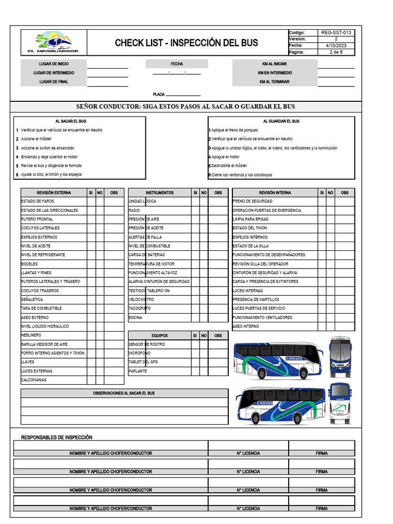 Reg-Sst-013 Check List - Inspeccion de Bus | PDF | Transporte ...