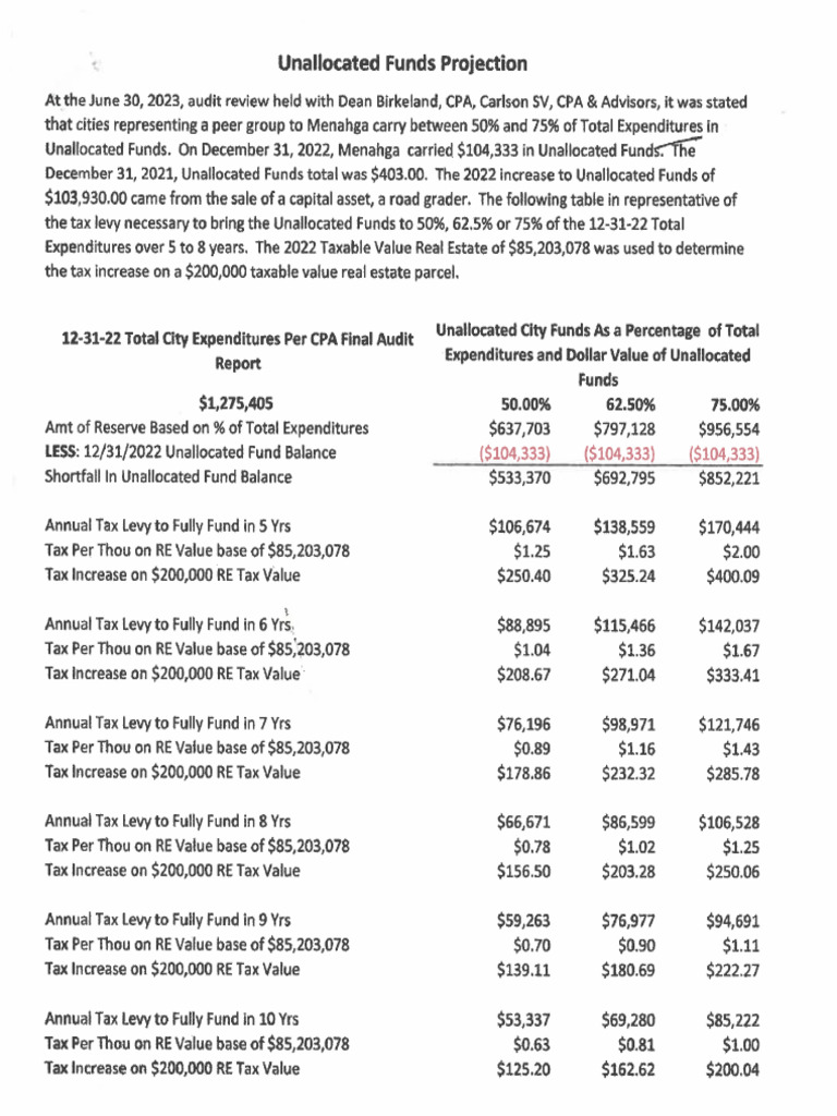 Mike Netland's Unallocated Funds Projection | PDF