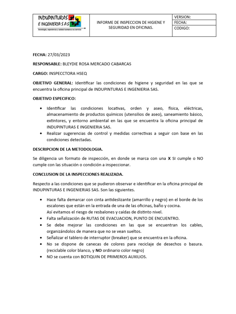 Informe Inspeccion SST Oficinas | PDF