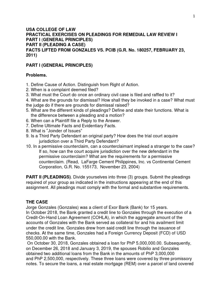 Exercises in Pleading A Case. | PDF | Pleading | Line Of Credit