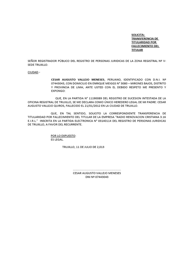 TRANSF. TITULARIDAD EIRL | PDF