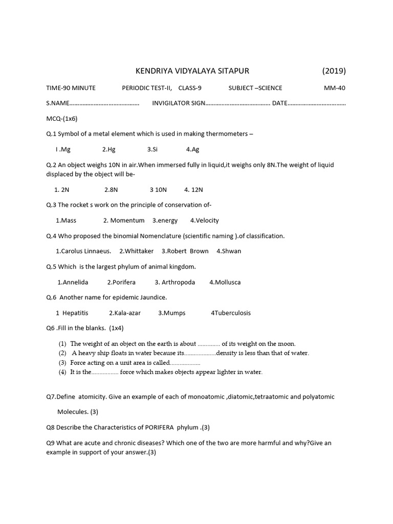 KV class 9 Half Yearly exam SCIENCE Previous Year Question paper 2019 ...