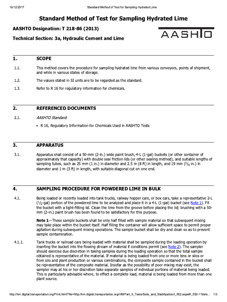 T 218-86 (2013) Sampling Hydrated Lime | PDF | Calcium | Masonry