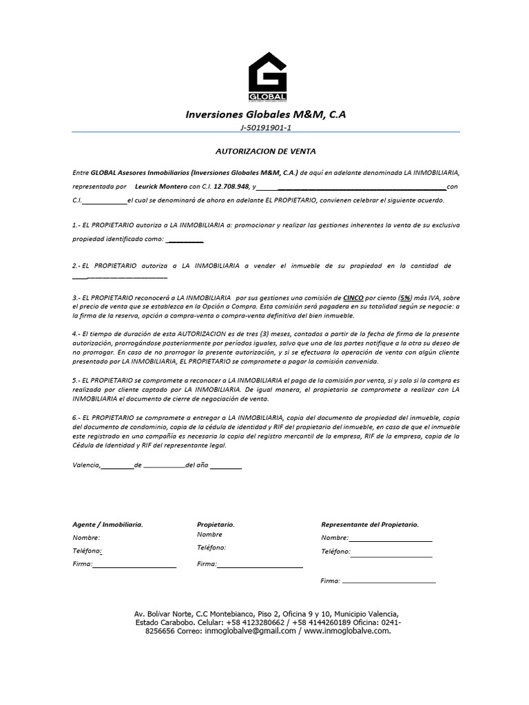 Autorizacion de Venta Global PDF | PDF | Bienes raíces | Economias Autorizacion de Venta Global PDF | PDF | Bienes raíces | Economias
