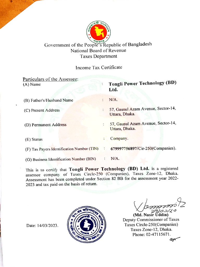 Income Tax Certificate 22-23 | PDF