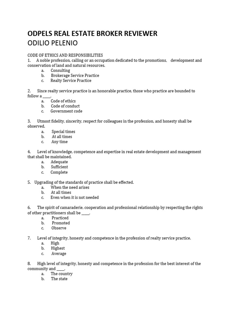 Code of Ethic and Responsibilities - Philippine Real Estate Broker ...