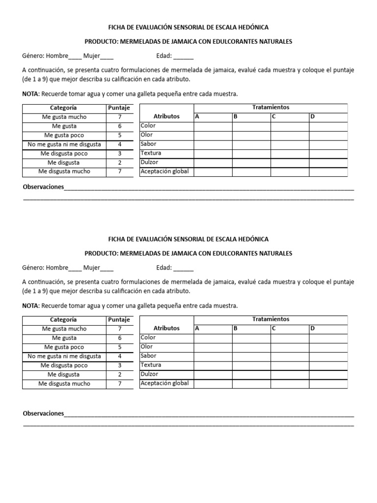 Ficha de Evaluación Sensorial de Escala Hedónica | PDF