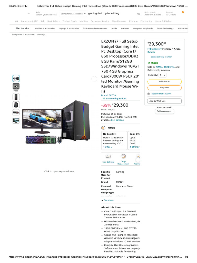 EXZON i7 Full Setup Budget Gaming Intel Pc Desktop (Core I7 860 ...