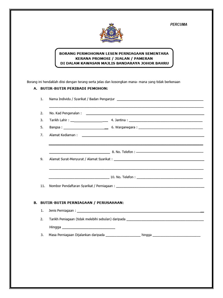 a5) Borang Permohonan Lesen Perniagaan Sementara Kerana Promosi,Jualan ...