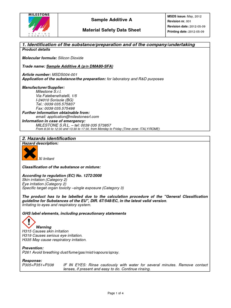 Safety Data Sheet Sample Additive A | PDF