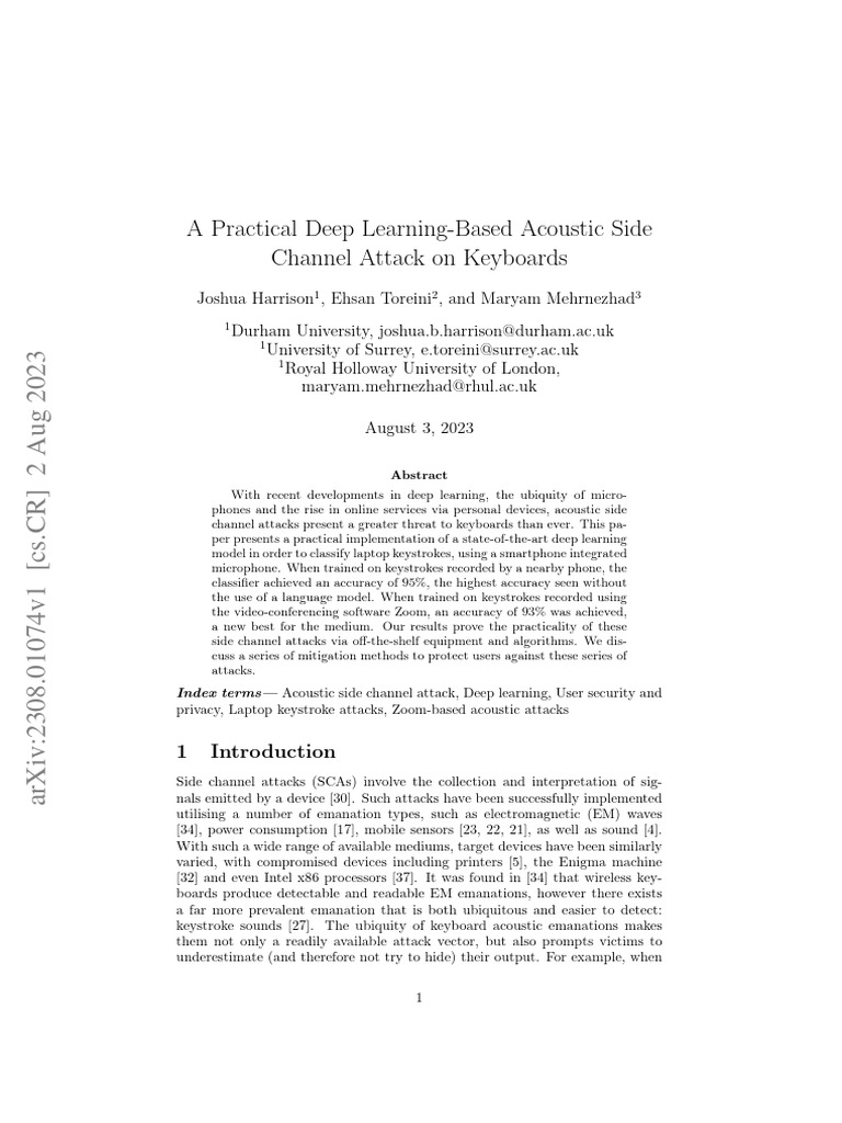 A Practical Deep Learning-Based Acoustic Side | PDF | Statistical ...