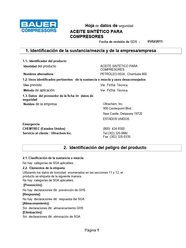 Synthetic Compressor Oil 0024 SDS | PDF