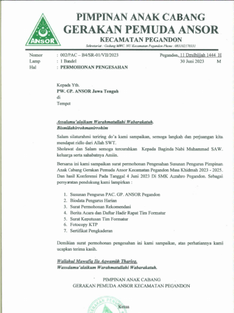 Berkas Pengajuan SK PAC GP Ansor Kec. Pegandon | PDF