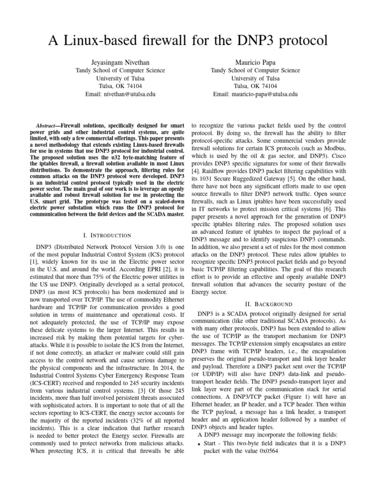 A Linux-Based Firewall For The DNP3 Prot | PDF | Transmission Control Protocol | Internet Protocols
