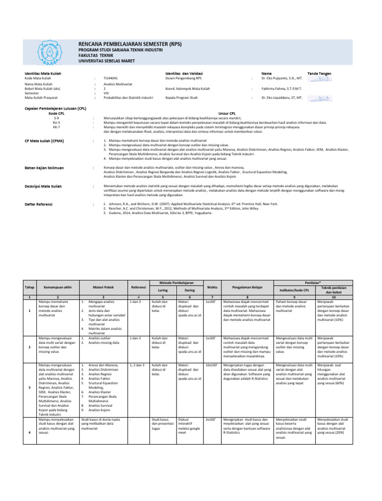 RPS Analisis Multivariat S1 2020 | PDF