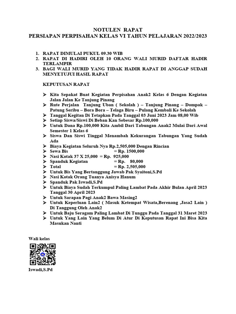 NOTULEN RAPAT PERPISAHAN wali murid | PDF