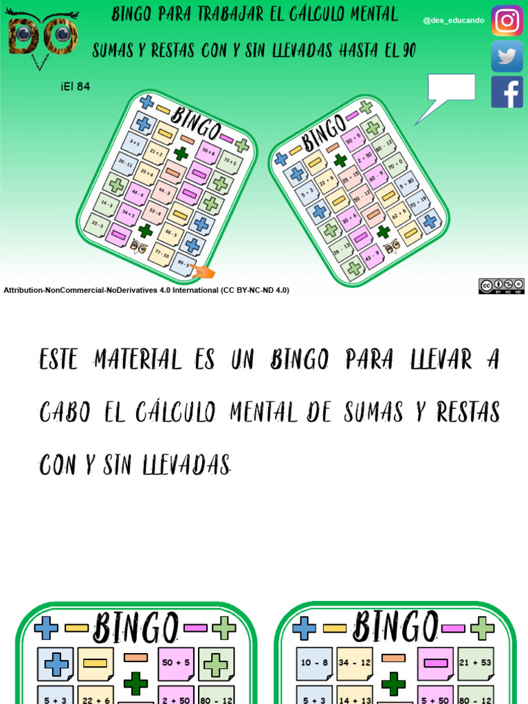 Bingo Cálculo Mental SUMAS Y RESTAS Con y Sin Llevadas | PDF