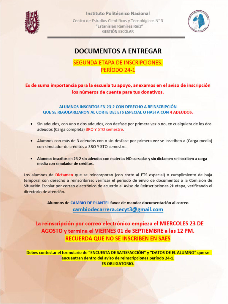 Reinscripción IPN CECyT 3: Documentos y Procedimiento | PDF