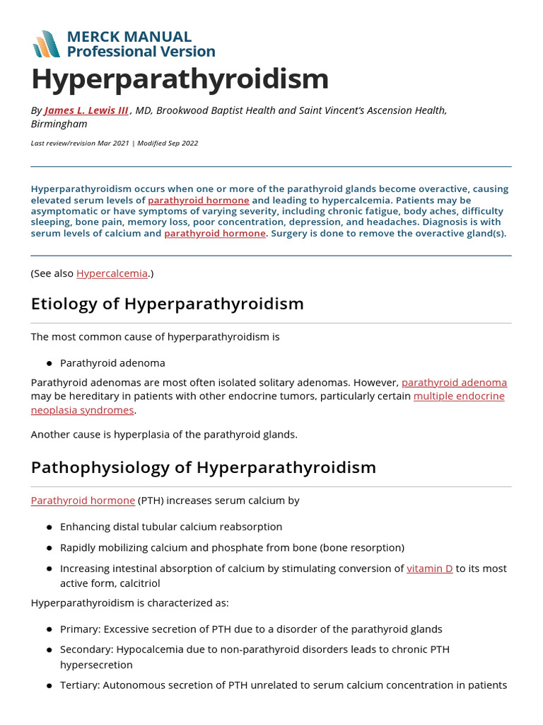 Hyperparathyroidism Endocrine and Metabolic Disorders Merck Manuals Professional Edition | PDF