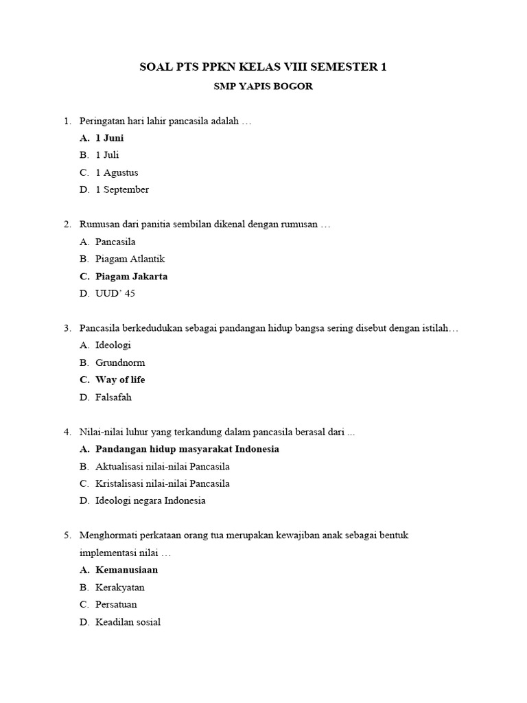 Soal PTS PPKN Kelas Viii Semester 1 | PDF